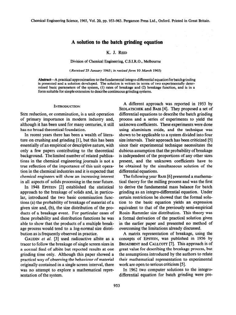 A Solution To The Batch Grinding Equation Reid 1965 | PDF | Exponential ...