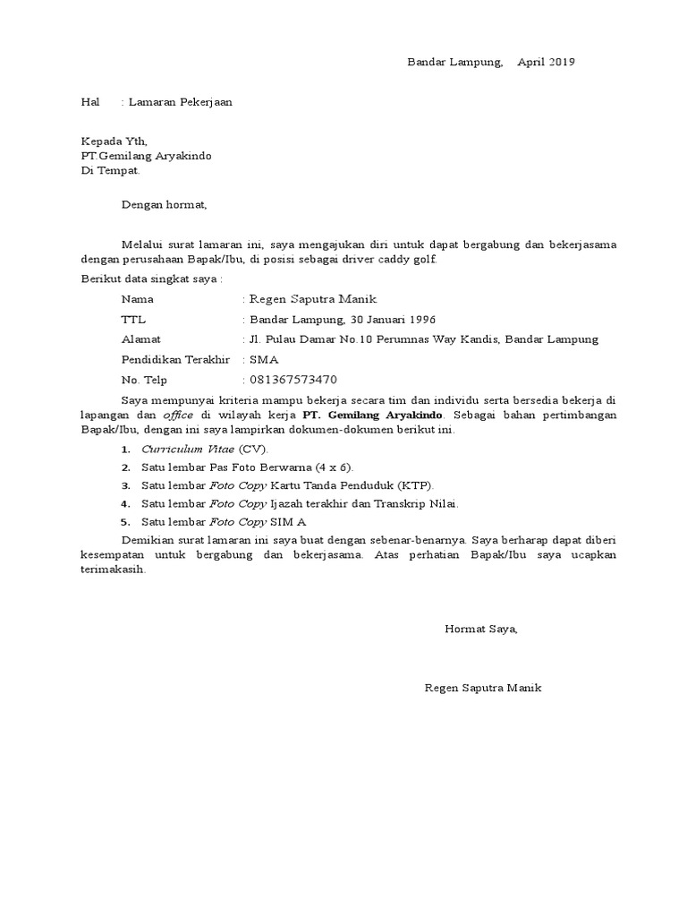 1) Surat Lamaran - Doc Regen | PDF