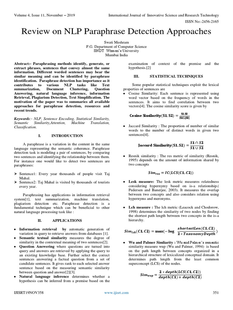 Review On NLP Paraphrase Detection Approaches | PDF | Parsing | Semantics