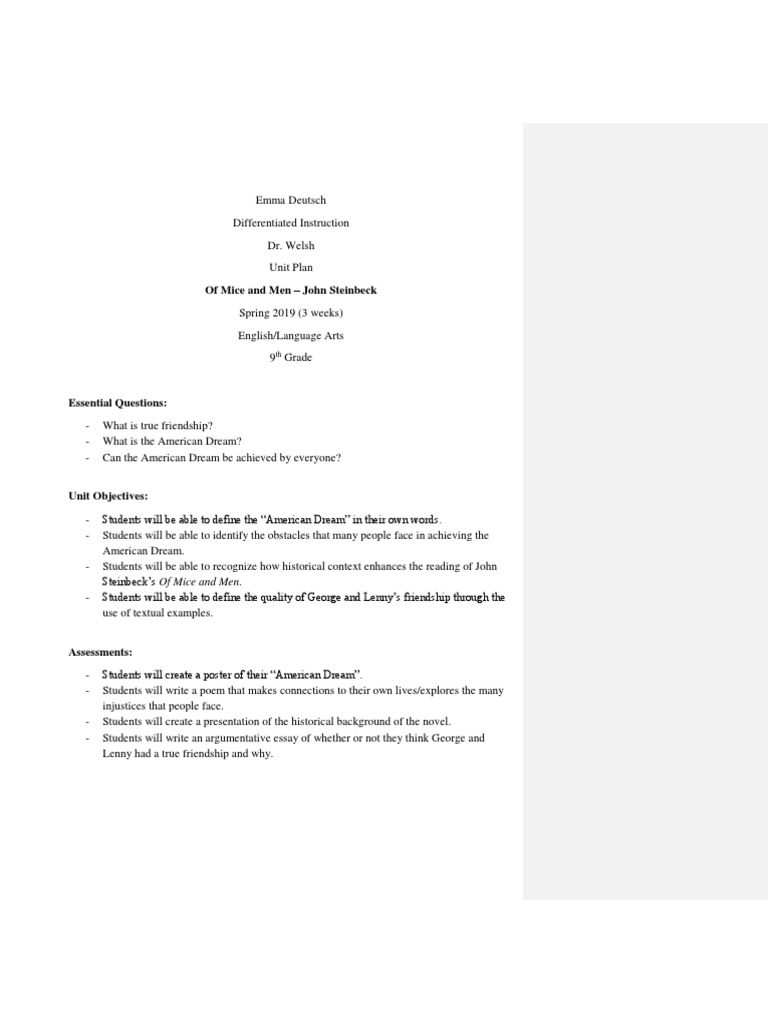 Of Mice and Men Unit Plan for 9th Grade | PDF | Reading Comprehension ...
