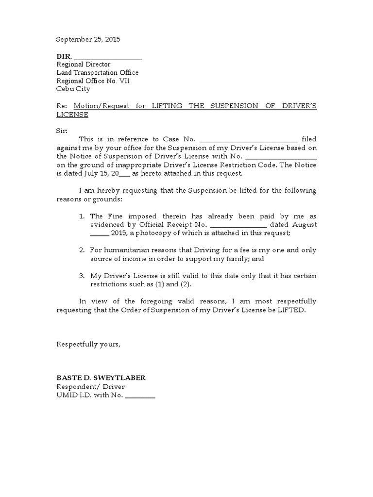 Request To Revoke Suspension of DL (LTO) | PDF