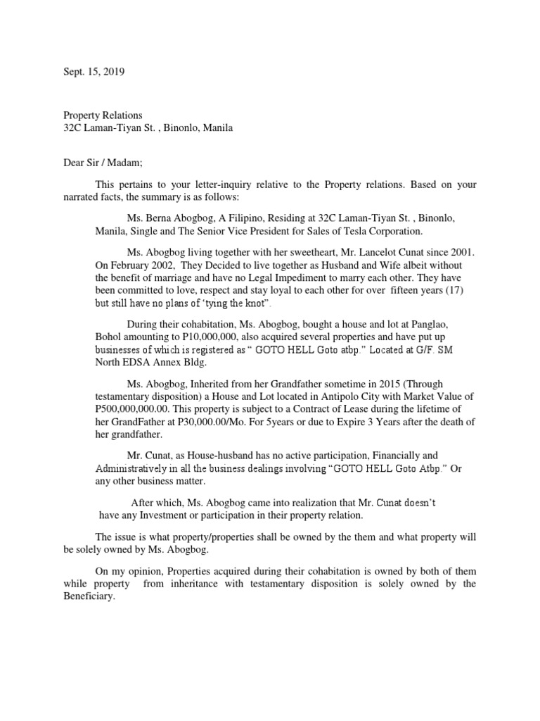 Legal Opinion Sample Draft | PDF | Concurrent Estate | Marriage