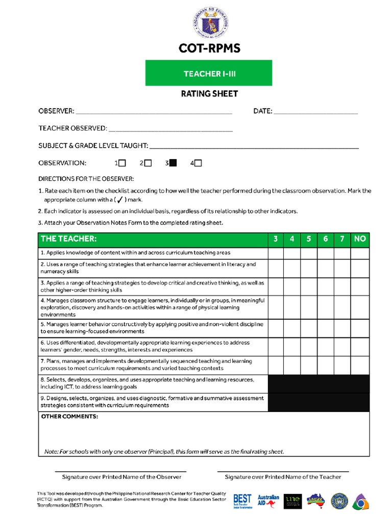COT RPMS Rating Sheet 3rd | PDF