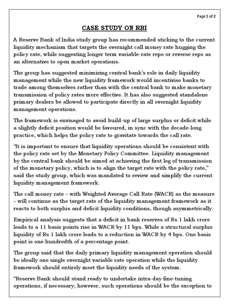 Case Study On Rbi | PDF | Reserve Bank Of India | Open Market Operation