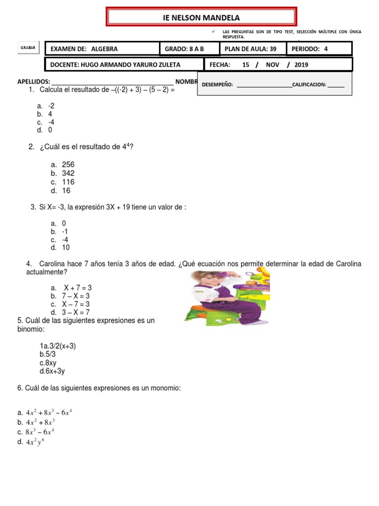 Examen 8 Modificado Final 4to Periodo | PDF | División (Matemáticas ...