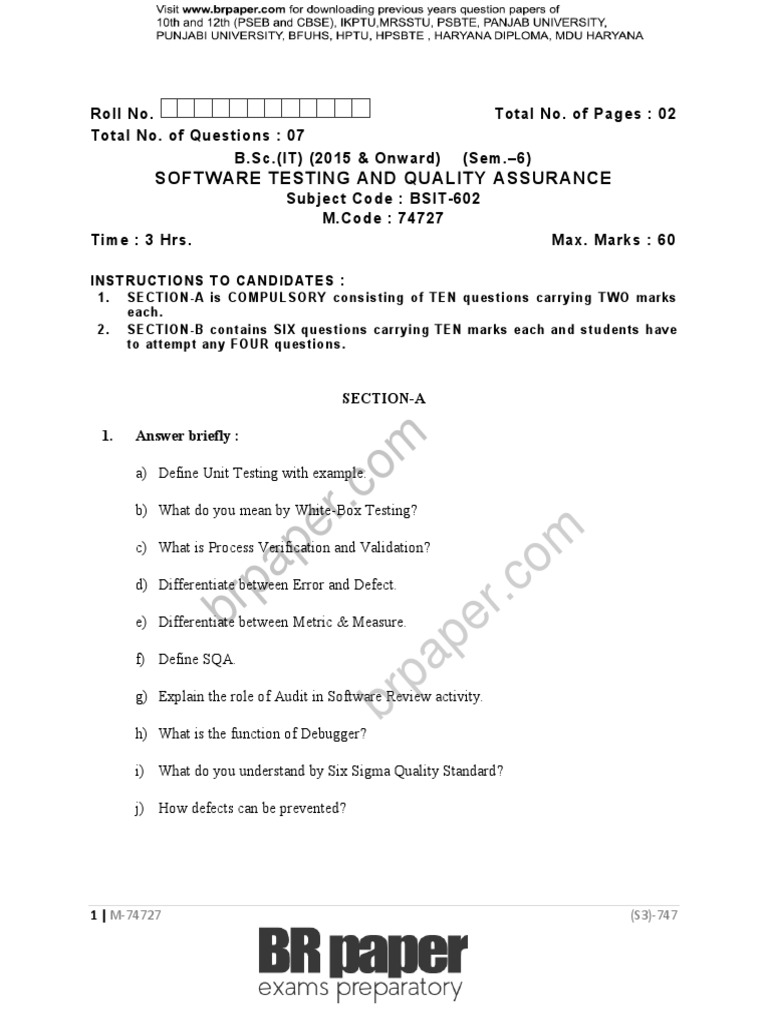 Sqa Question Paper | PDF | Software Testing | Software Engineering