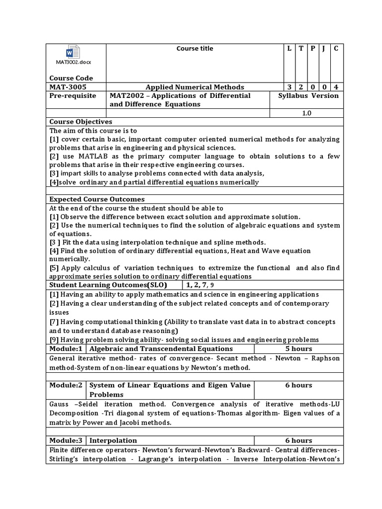 1-Material Mat3005 Syllabus | PDF | Numerical Analysis | Differential ...