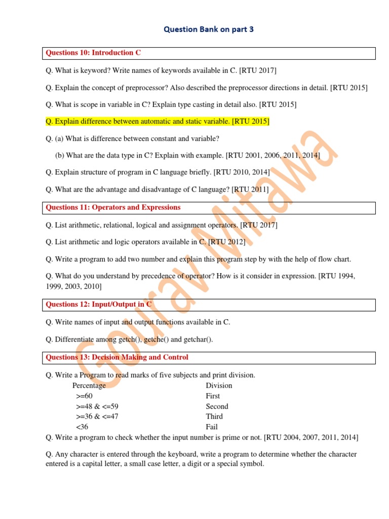 CP Questions Bank | PDF | C (Programming Language) | Subroutine