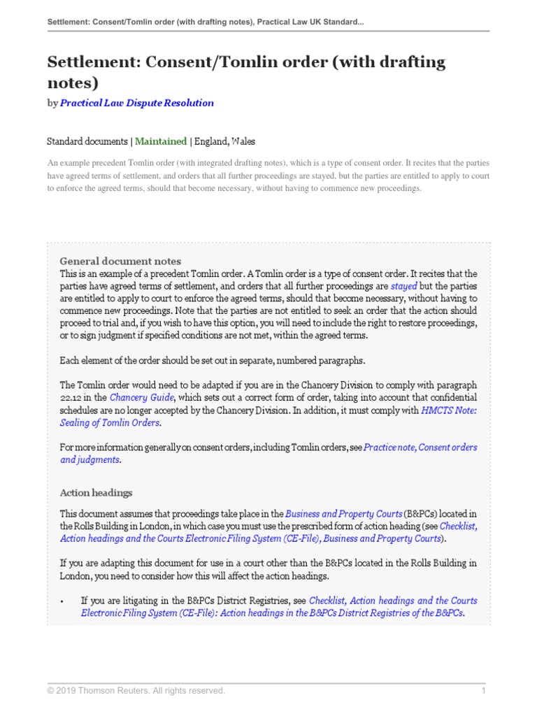 07pt PL Settlement Consent Tomlin Order DN | PDF | Settlement ...