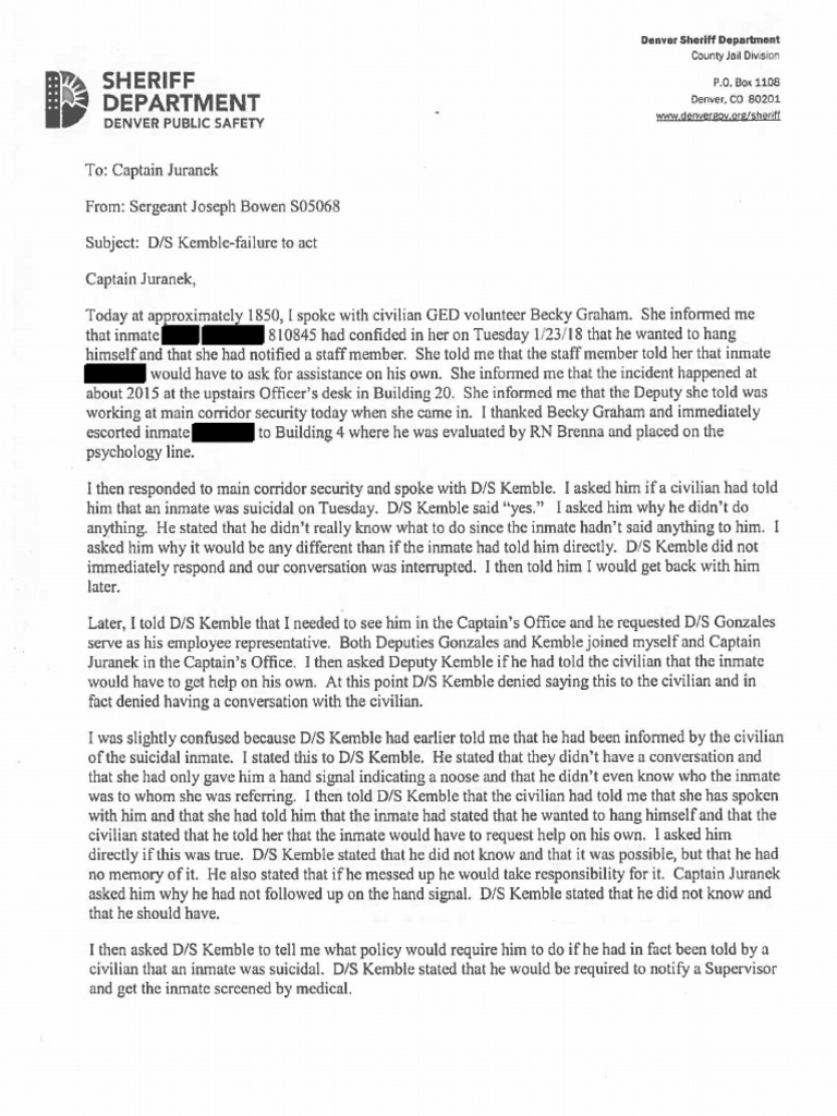 Sergeant Joseph Bowen Memo About Denver Deputy Timothy Kemble | PDF ...