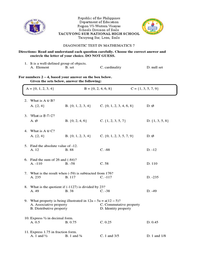 Math 7 Diagnostic Test | PDF | Mean | Median