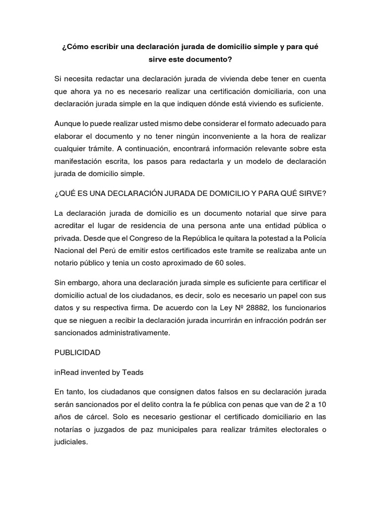 Cómo Escribir Una Declaración Jurada de Domicilio Simple y para Qué Sirve Este Documento | PDF ...