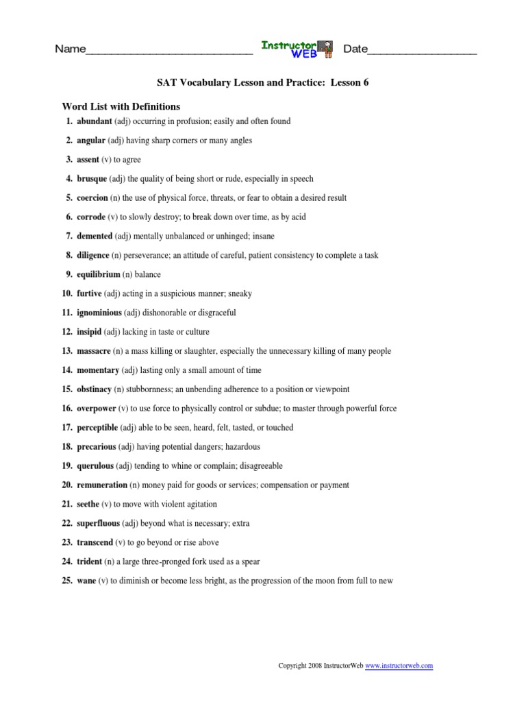 Sat Vocabulary Lesson and Practice Lesson 6 | PDF