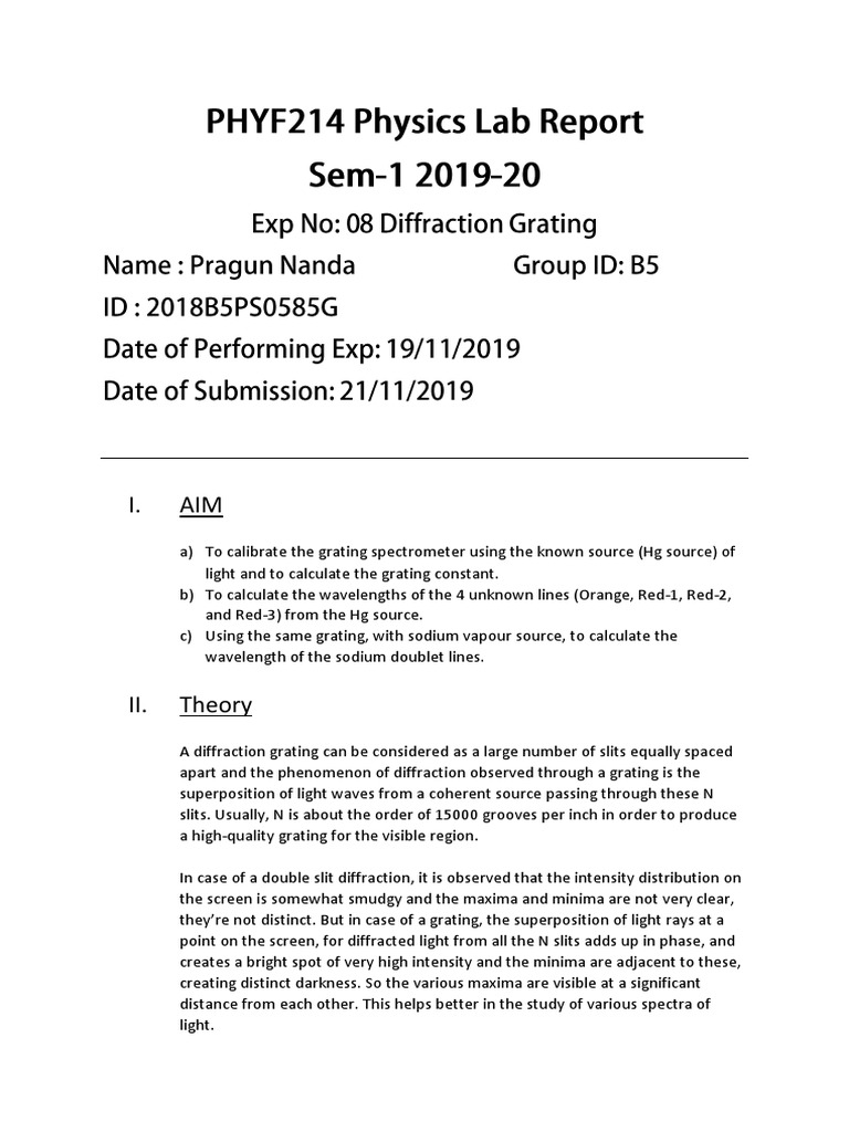 PHYF214 Exp 08 Grating Lab Report | PDF | Diffraction | Molecular Physics