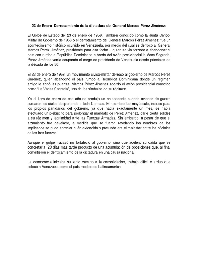 23 de Enero Derrocamiento de La Dictadura Del General Marcos Pérez ...