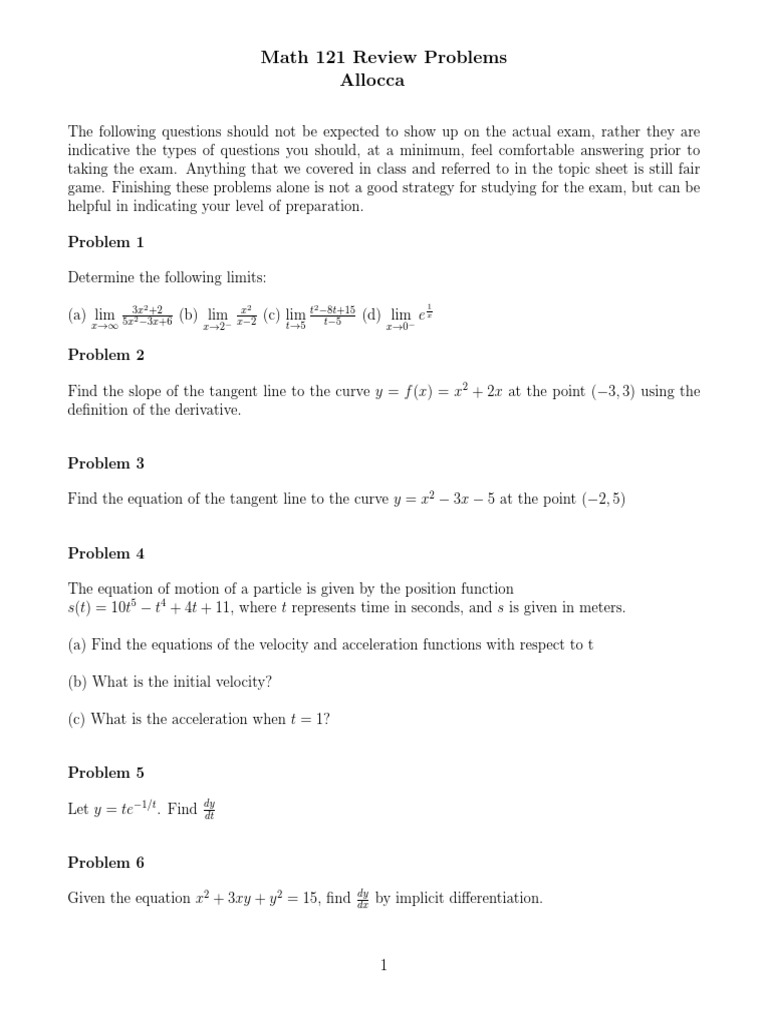 Math 121 Review Problems | PDF | Maxima And Minima | Derivative