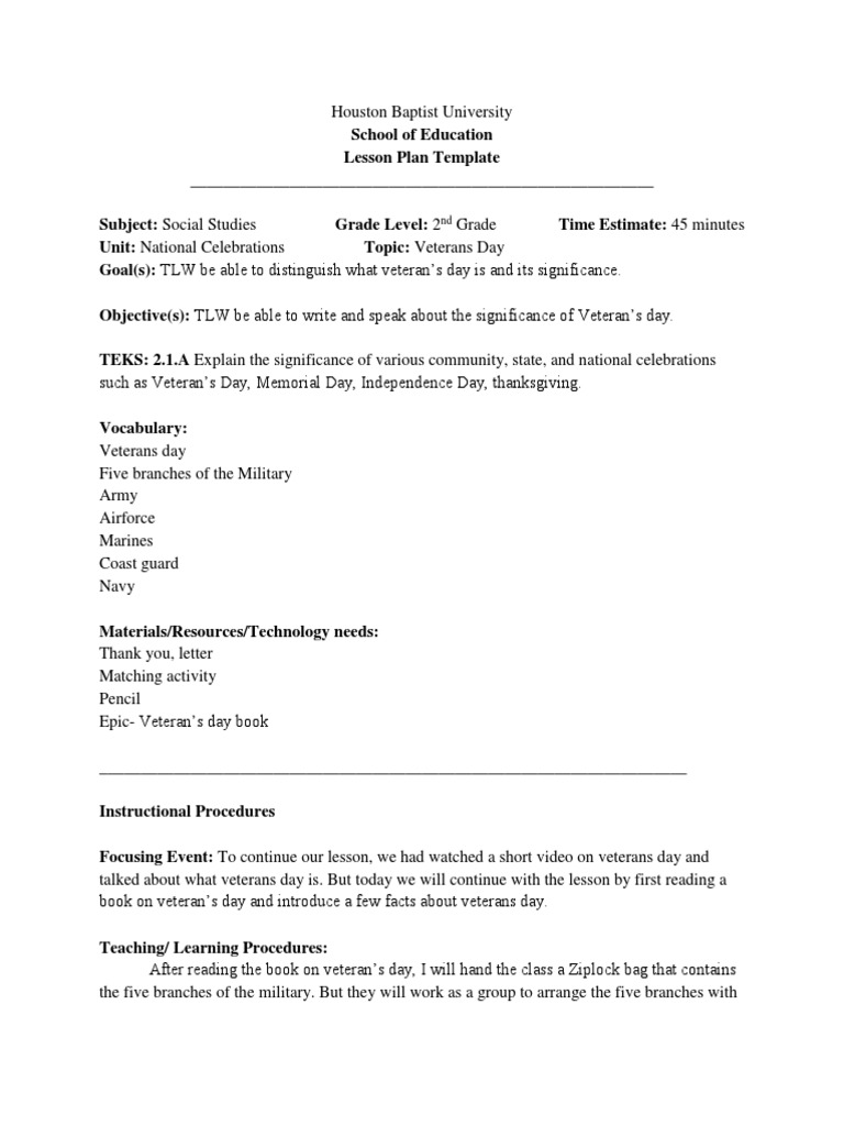 Veterans Day Lesson Plan for 2nd Grade | PDF | Lesson Plan | Applied ...