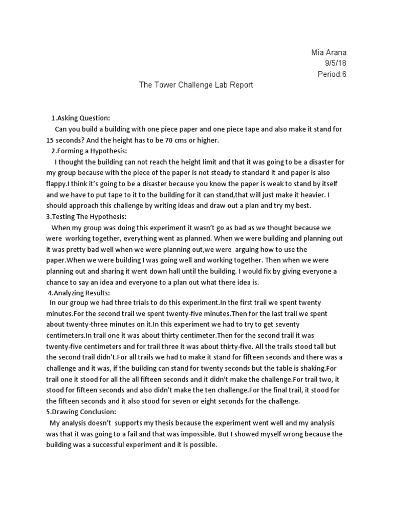 Tower Challenge Lab Report Insights | PDF | Experiment | Cognitive Science