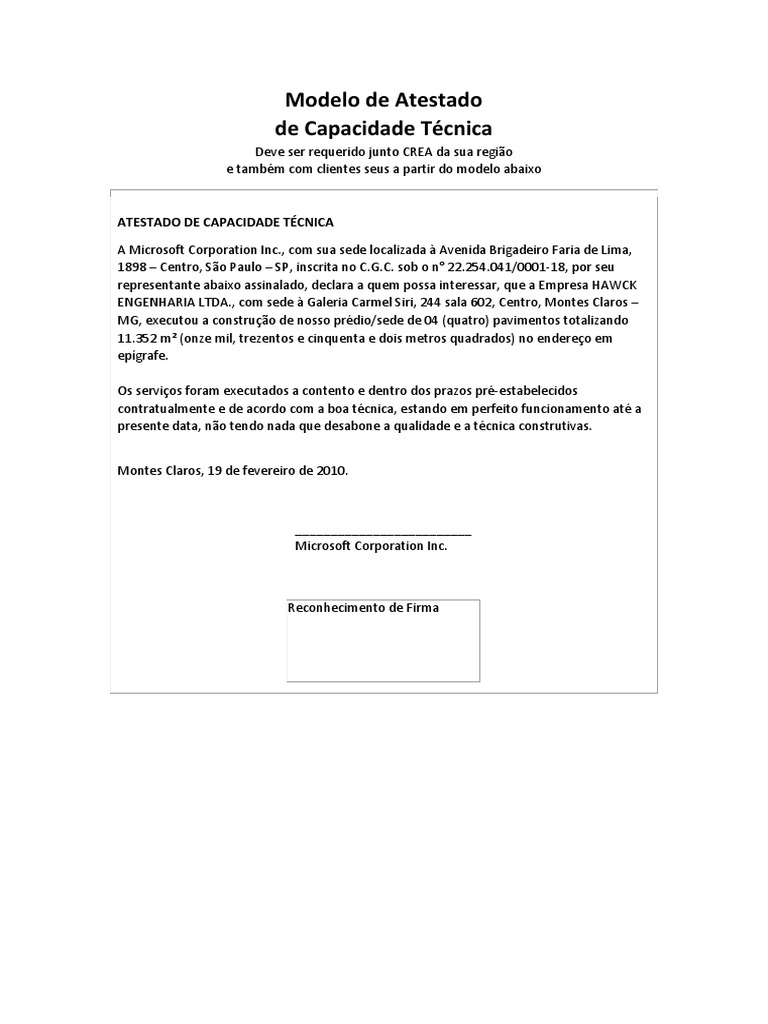Modelo De Atestado De Capacidade Técnica Pdf