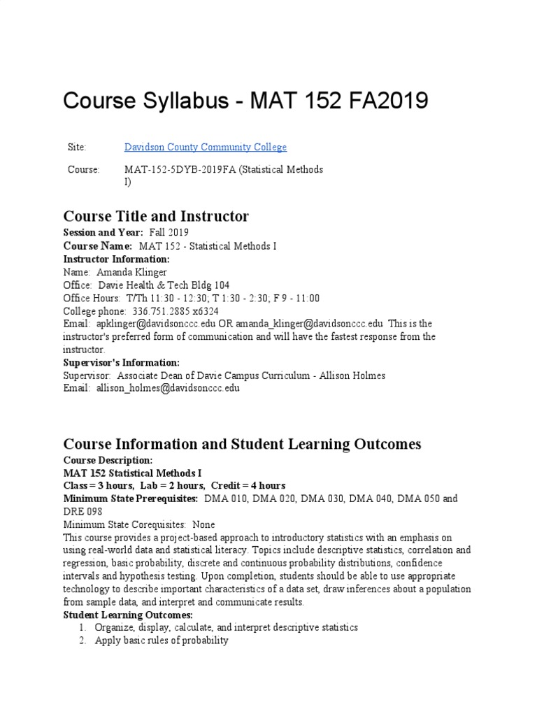 Mat 152 Course Syllabus - Fa2019 | PDF | Statistics | Statistical Inference