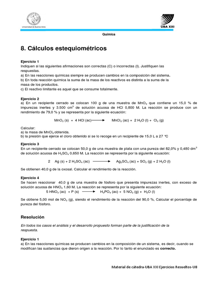 Cálculos Estequiométricos Resueltos | PDF | Estequiometría | Reacciones químicas