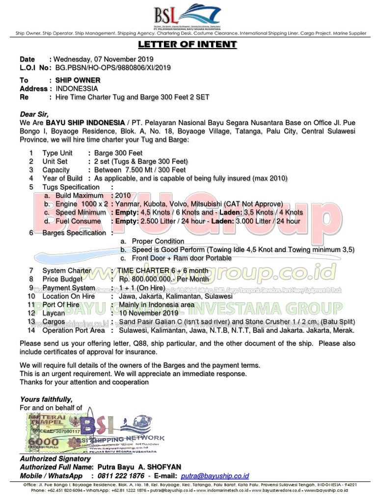 LOI BARGE 300 FEET2 SET, TC BAYU SHIPPING, BARGE OWNER. 07 November ...