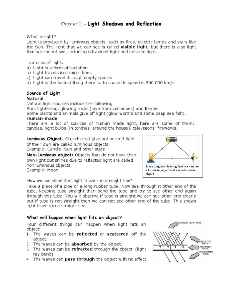 Light, Shadows, and Reflection Explained | PDF | Shadow | Light
