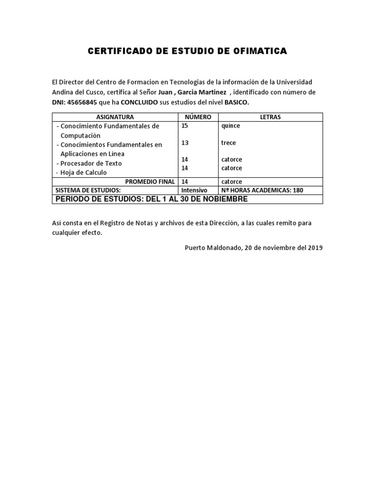 Certificado de Estudio de Ofimatica | PDF | Tecnologías de la información | Informática
