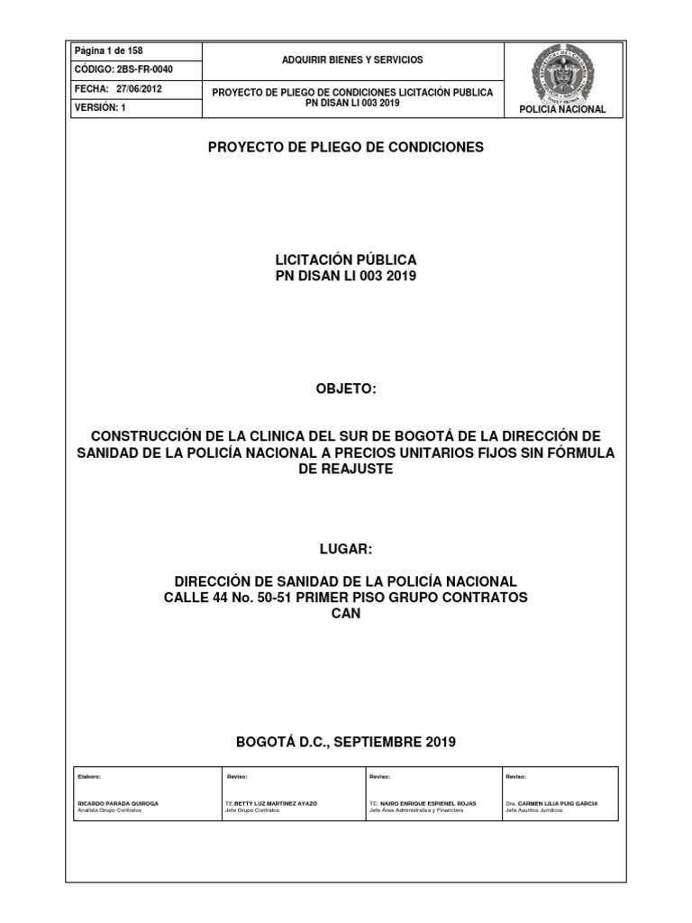 Proyecto Pliego de Condiciones PN Disan Li 003 2019 Obra Sur Bta ...