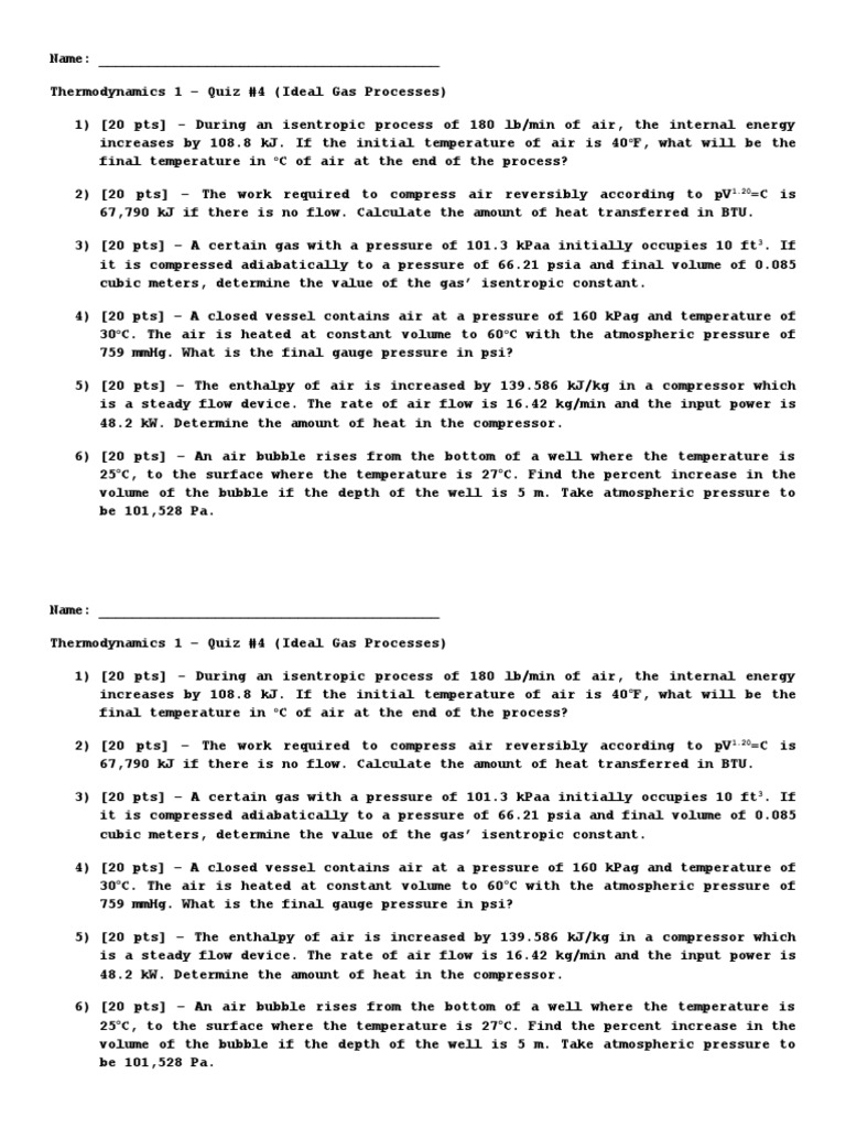 Thermo 1 Exam 4 | PDF | Pressure | Enthalpy
