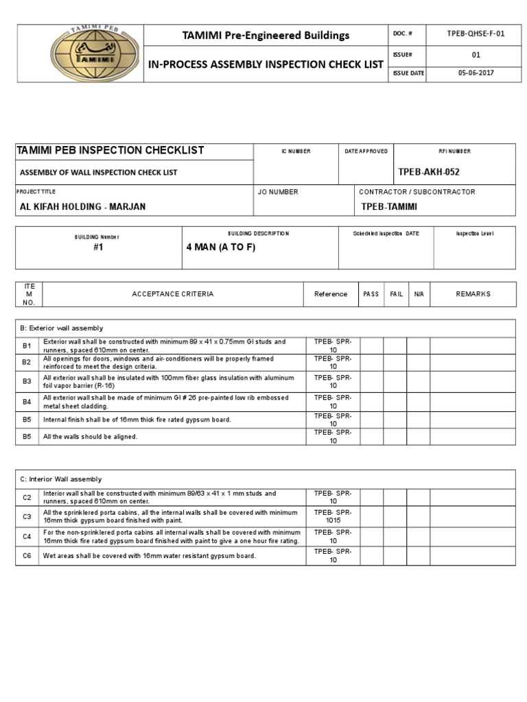 In-Process Ins Check List For Assemly of Wall | PDF | Wall | Drywall