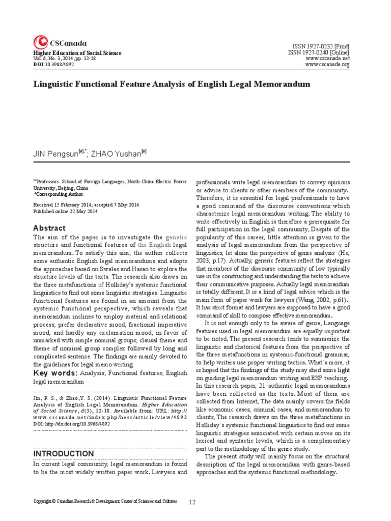 Linguistic Functional Feature Analysis of English Legal Memorandum ...