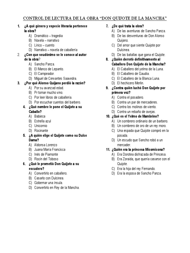 Control de Lectura de La Obra Don Quijote | PDF | Don Quijote | Don ...