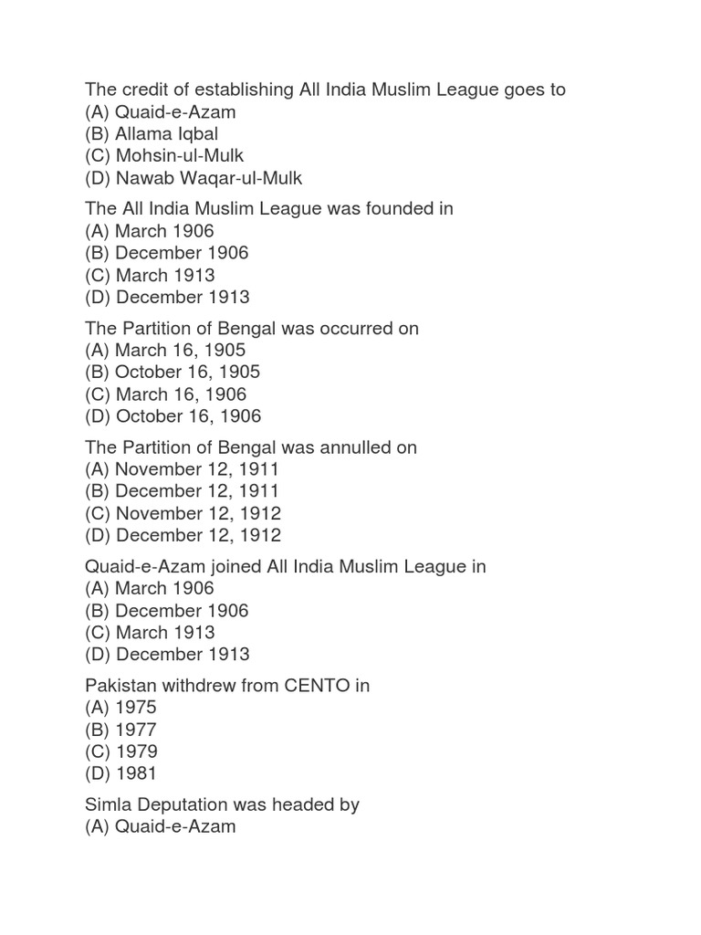 The Credit of Establishing All India Muslim League Goes To | PDF | All ...