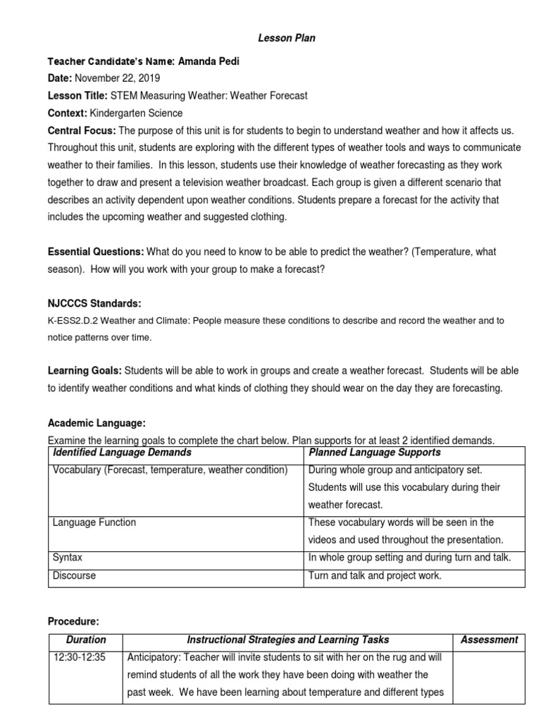 Kindergarten Science Lesson Plan 1 | PDF | Weather | Weather Forecasting