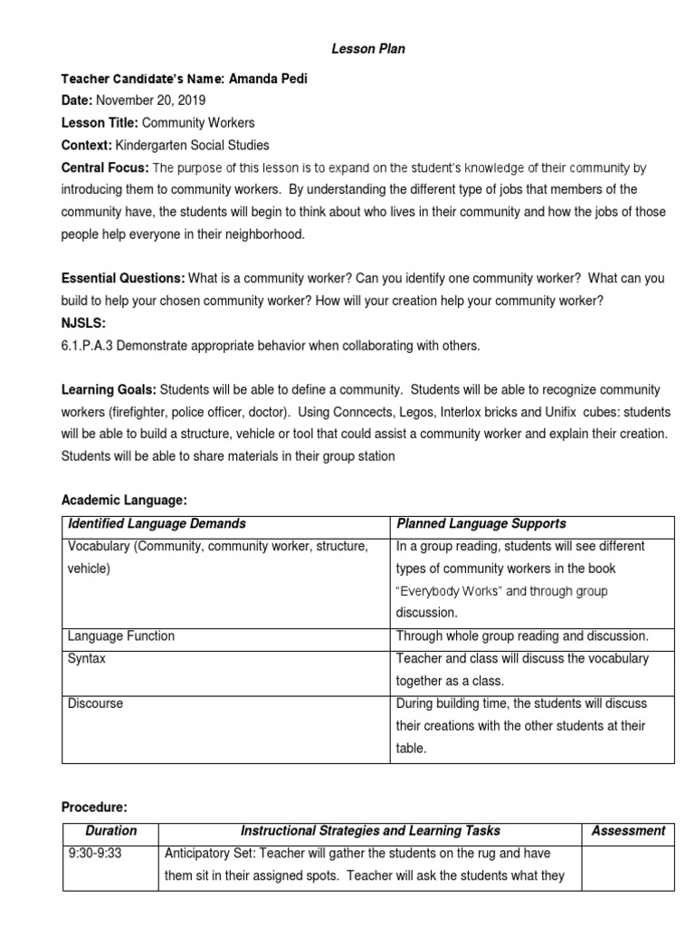 Kindergarten Social Studies Lesson Community Workers 1 | PDF ...