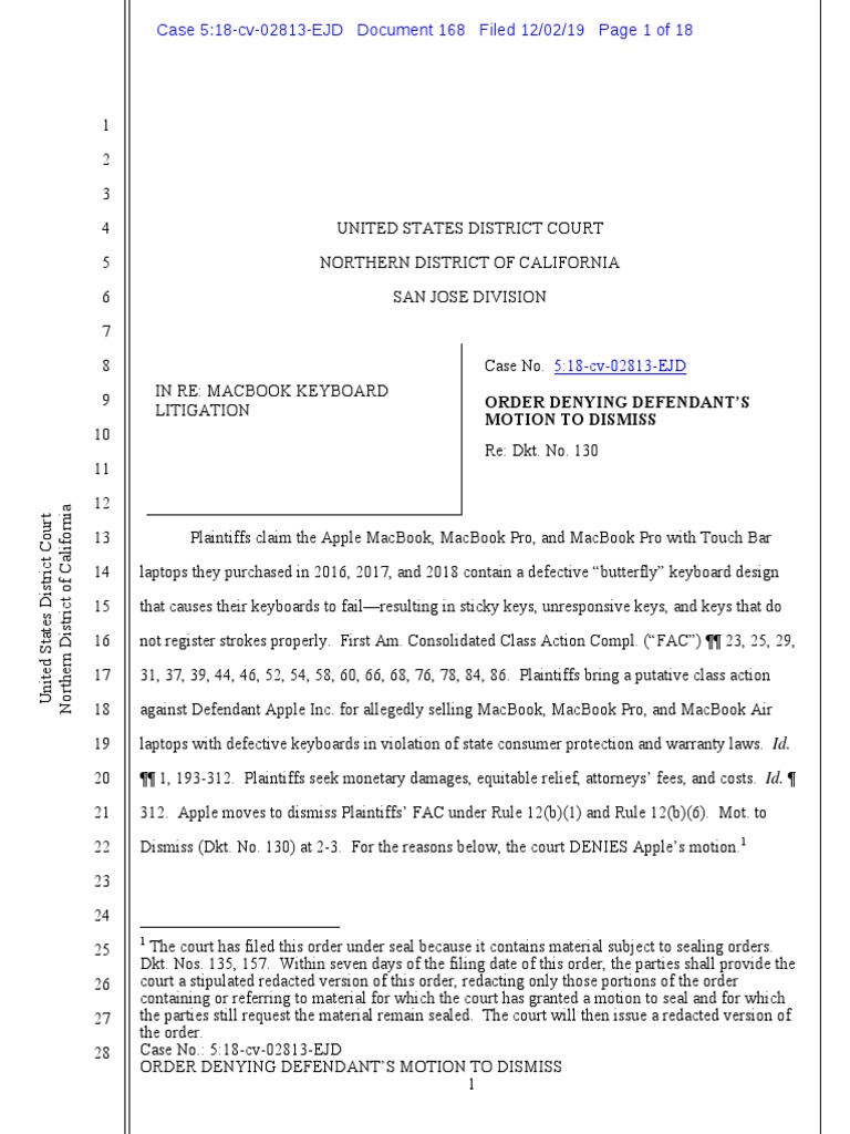 Order Denying Motion To Dismiss Butterfly Keyboard Suit | PDF | Standing (Law) | Federal Rules ...