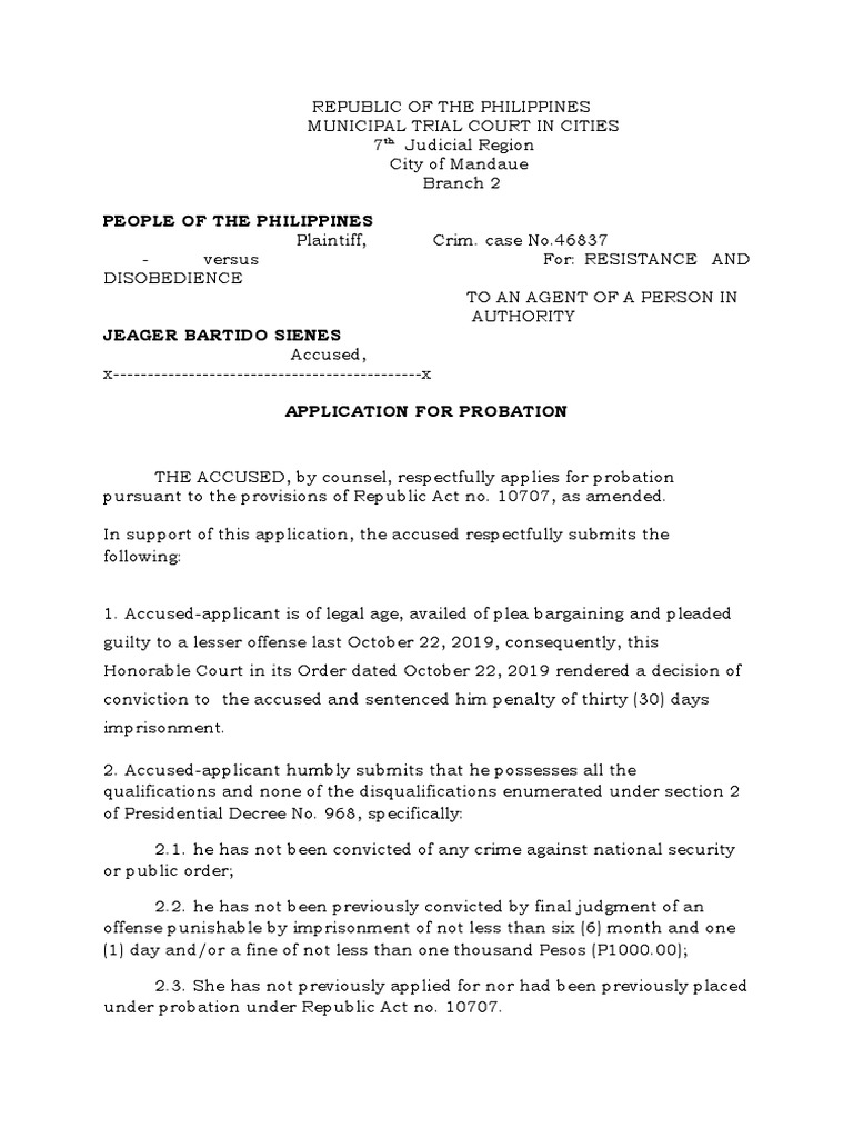 Application For Probation Seines | PDF | Probation | Plea Bargain