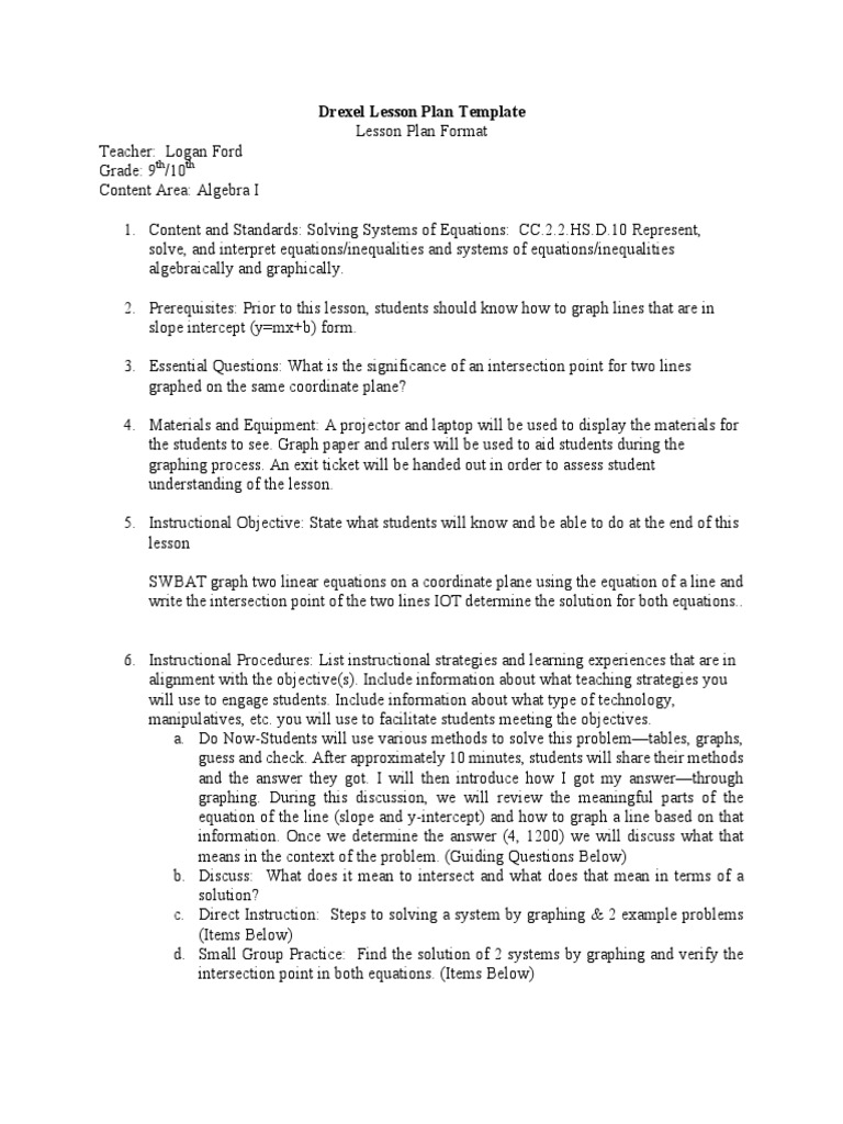 System of Equations Lesson Plan | PDF | Lesson Plan | Equations