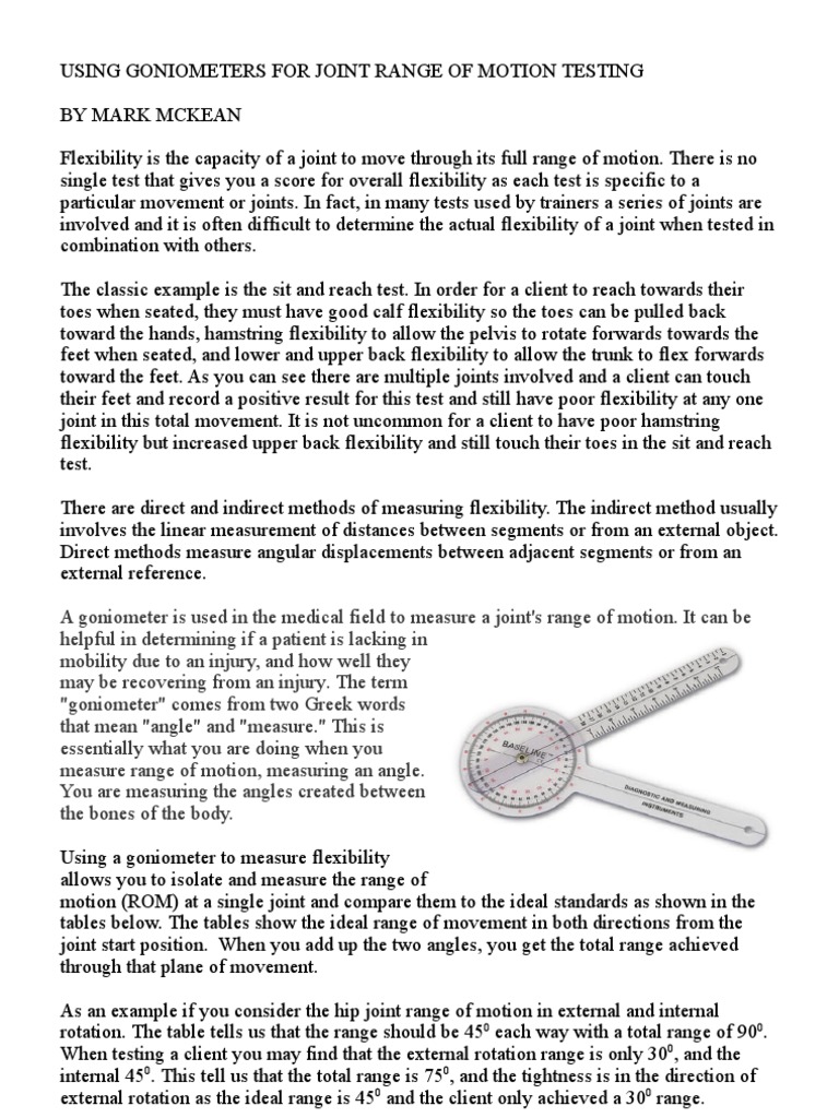 Using Goniometers For Joint Range of Motion Testing | PDF | Anatomical ...