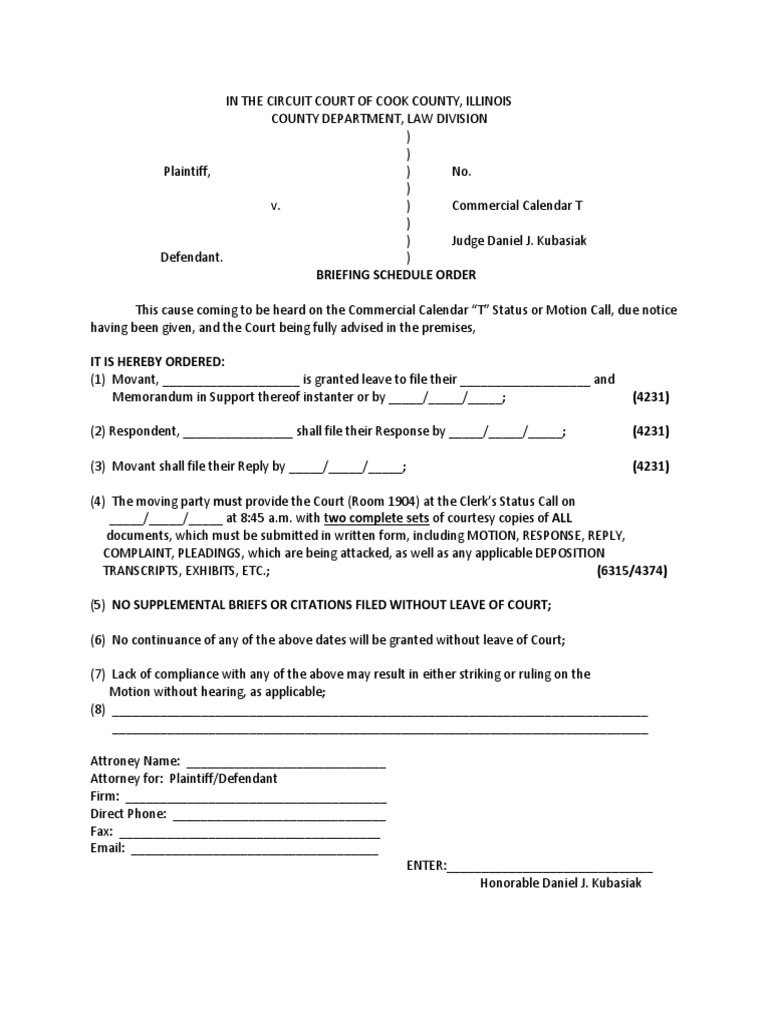Judge Kubasiak Briefing Schedule Order | Download Free PDF | Complaint ...