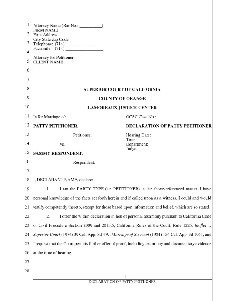 California Family Declaration Pleading Template | PDF | Mail | Testimony