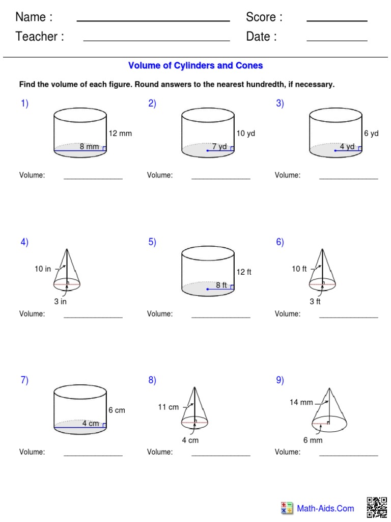 Calculating the Volumes of Cylinders and Cones: A Worksheet with 9 ...
