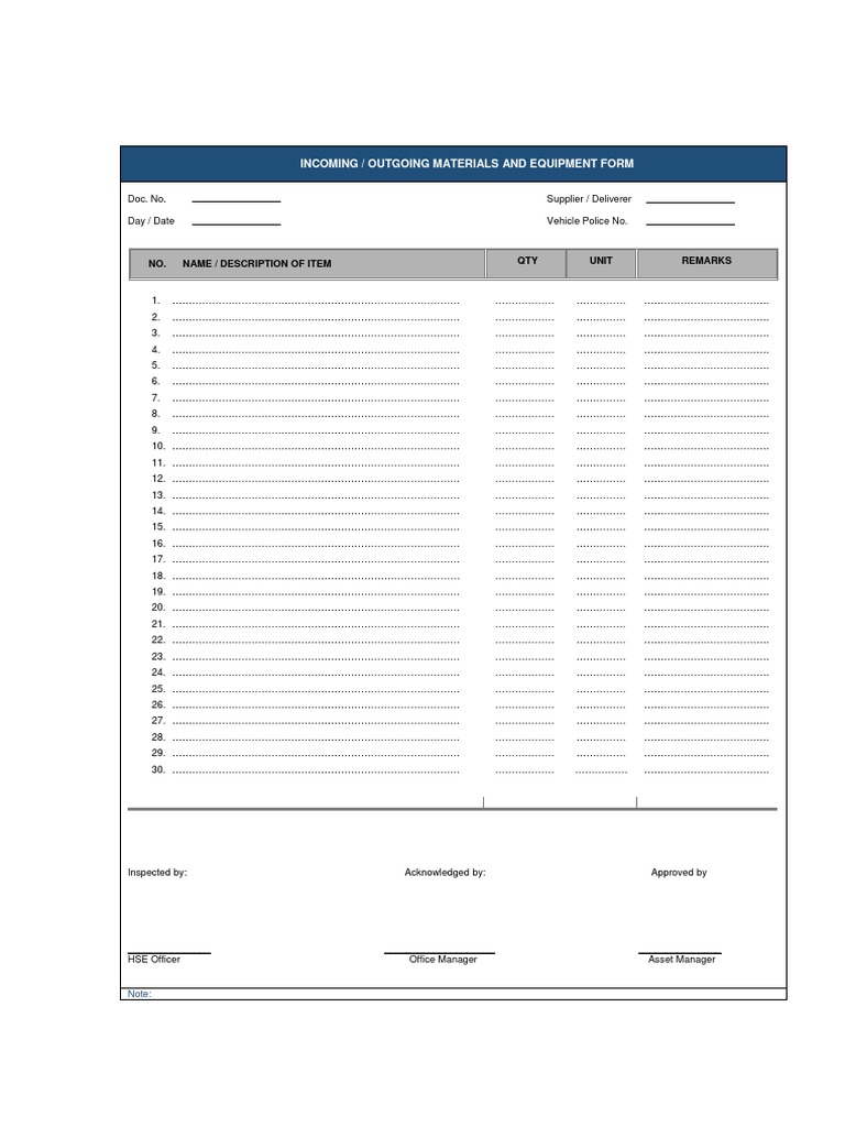 Incoming-Outgoing Materials and Equipment Form | PDF