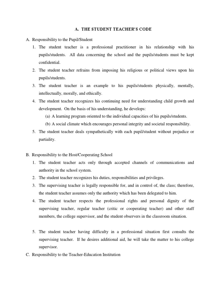 The Student Teacher' Code of Ethics | PDF | Classroom Management | Teachers