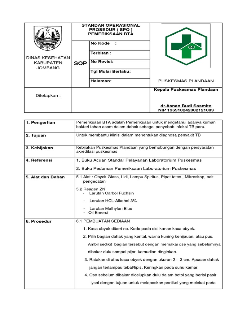 Sop Pemeriksaan Bta | PDF