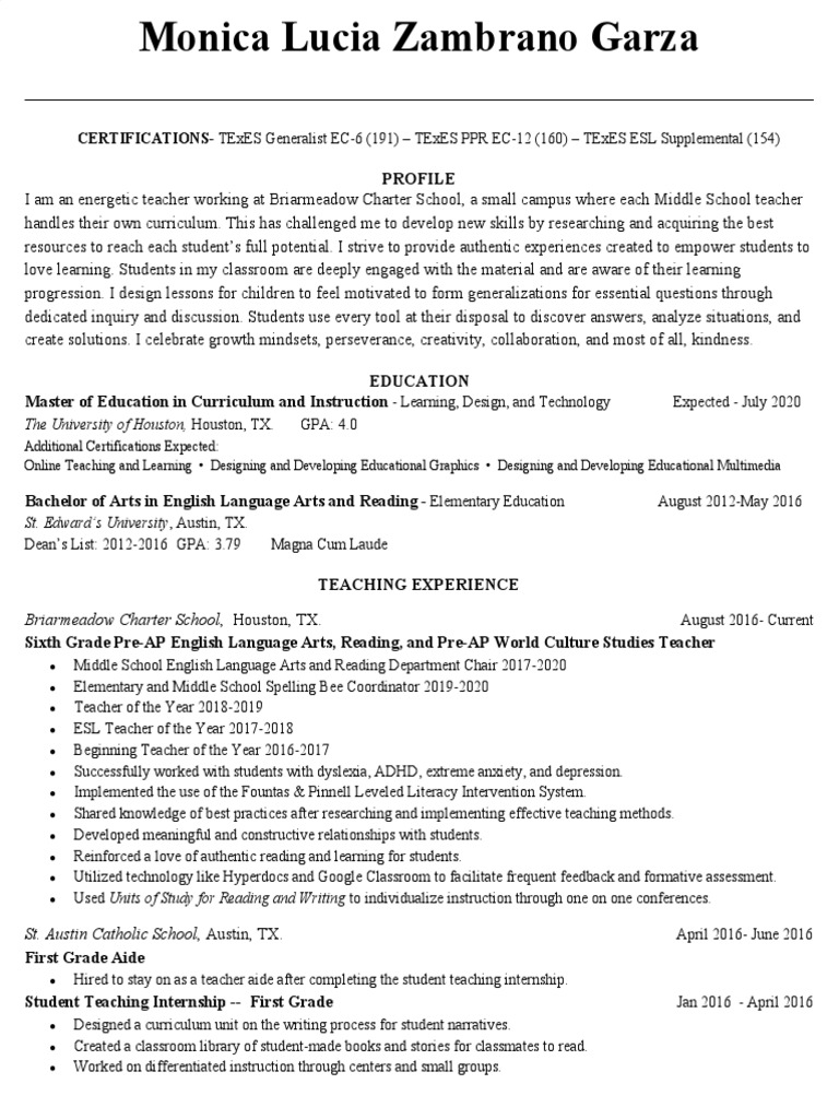 Monica Zambrano Garza - Resume | PDF | Differentiated Instruction ...