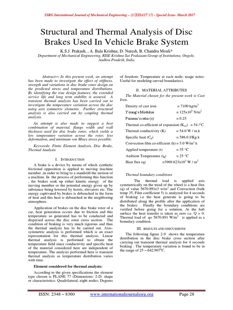 Structural and Thermal Analysis of Disc Brakes Used in Vehicle Brake System | PDF | Heat ...
