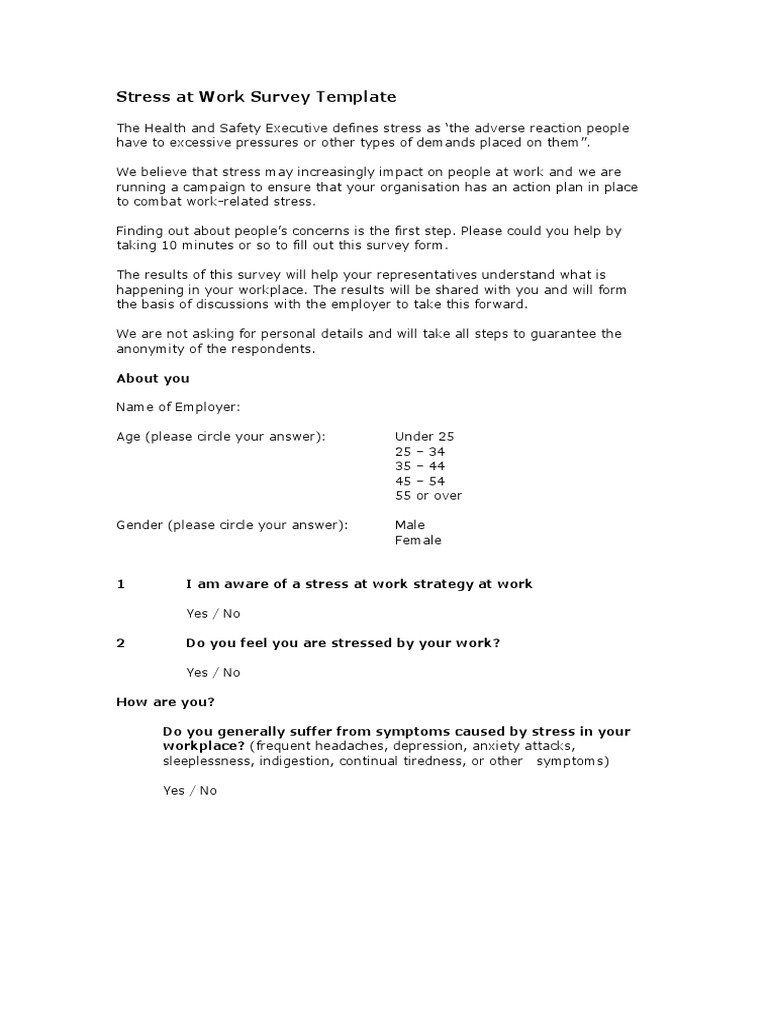 Stress at Work Survey Template | PDF | Occupational Stress ...