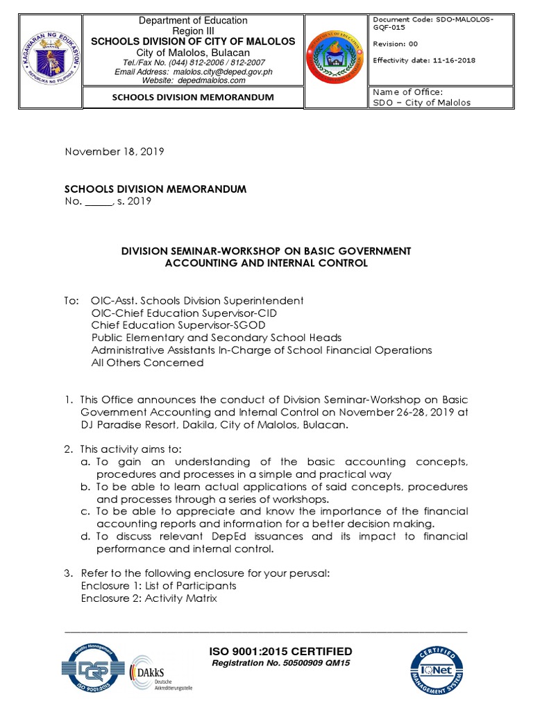 Memo Accounting Seminar 1 | PDF | Internal Control | Accounting